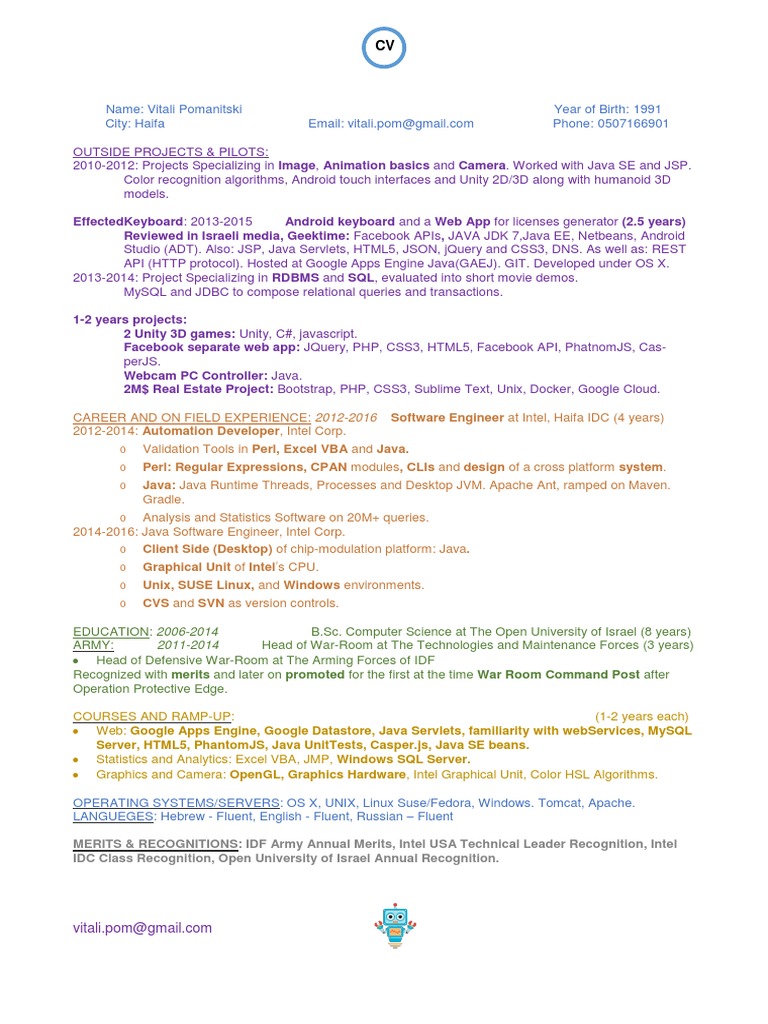 Vitali Pomanitski CV | PDF | Java (Programming Language) | Android (Operating System)