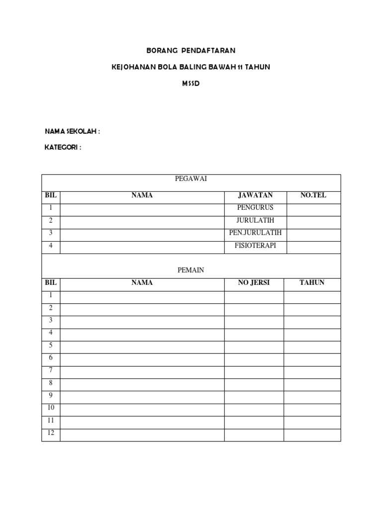 Borang Pendaftaran Bola Baling | PDF