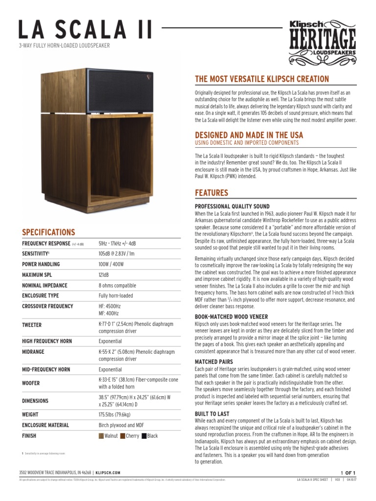 La Scala II Spec Sheet v03 | PDF | Loudspeaker | Sound Recording