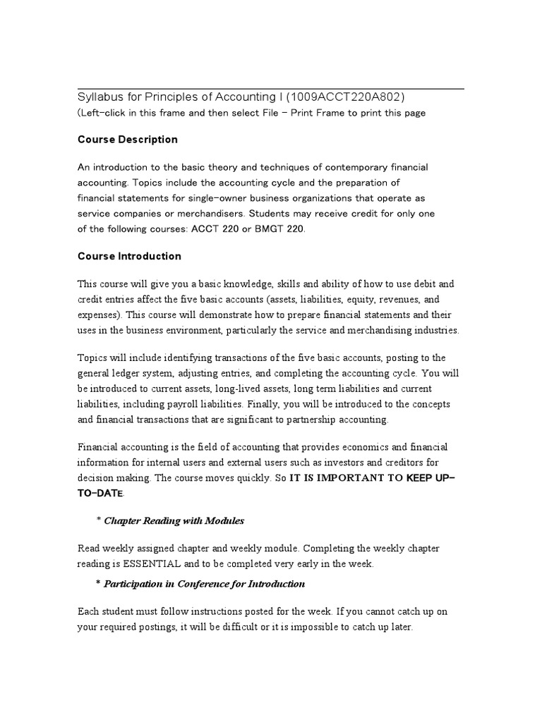 Principles of Accounting I Syllabus | PDF | Turnitin | Accounting