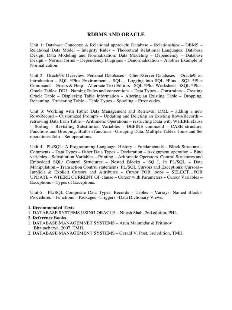 Elective I RDBMS and Oracle PDF | Download Free PDF | Pl/Sql | Sql