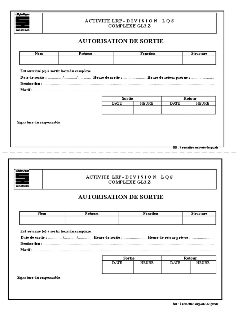 Autorisation de Sortie | PDF