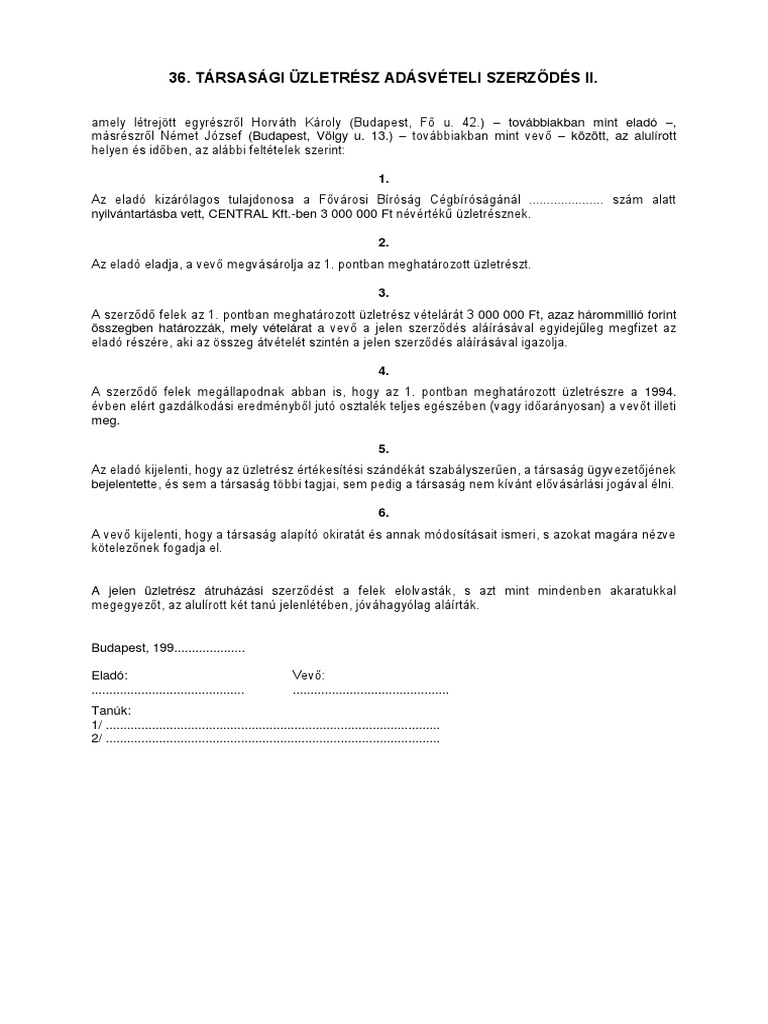036 - Társasági Üzletrész Adásvételi Szerződés II | PDF