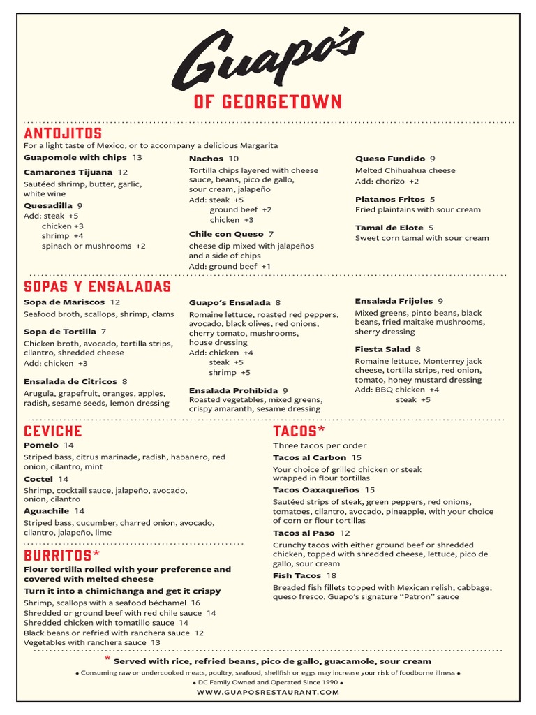 Guapos Menu 8.5x14 Dinner PROOF v4 | PDF | Taco | Salad