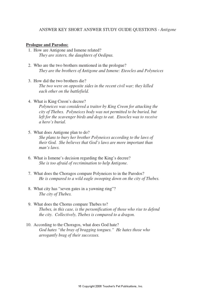 Antigone Study Guide Questions | PDF | Oedipus | Boeotian Mythology