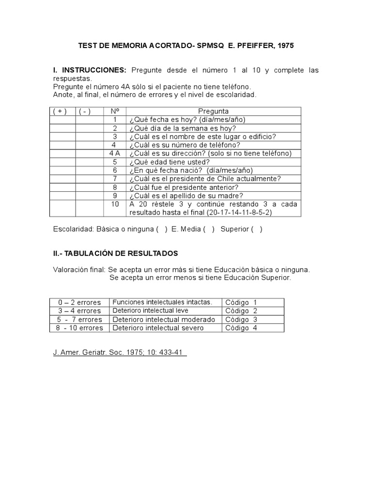 Test de Memoria Acortado Pfeiffer | Educación avanzada