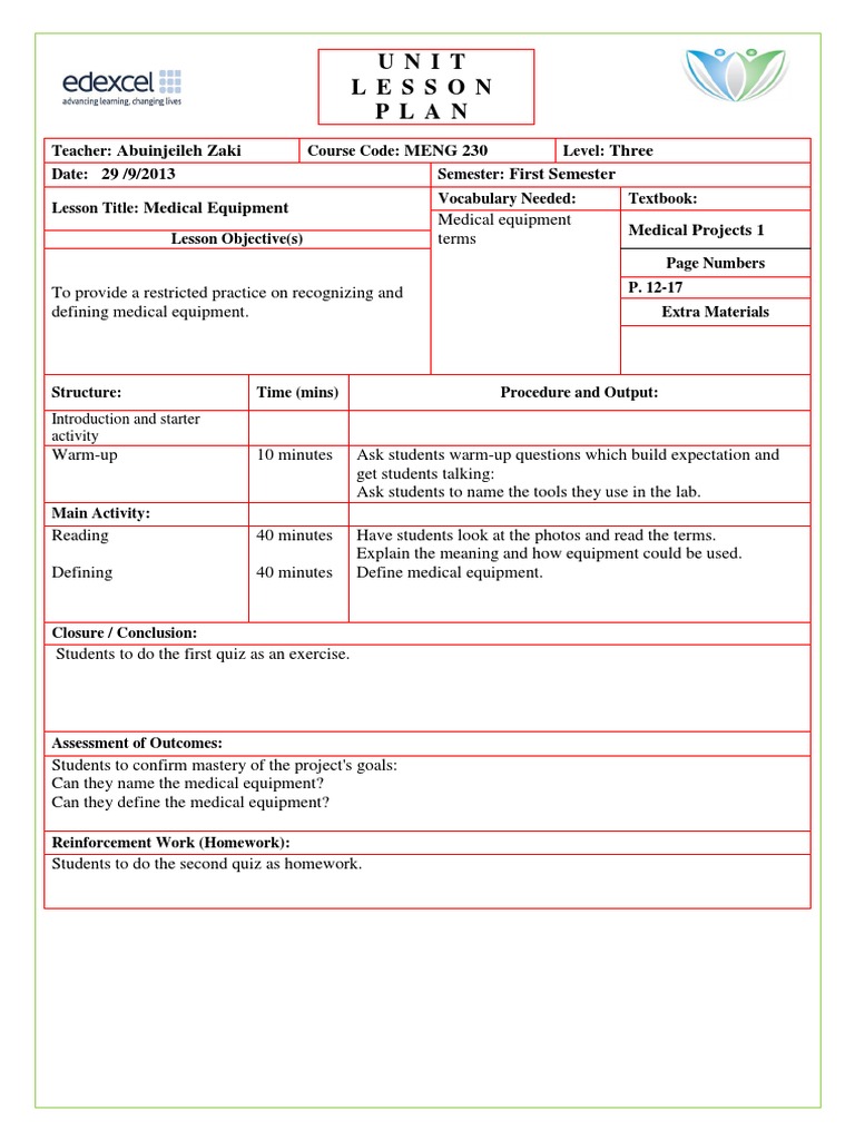 Medical Equipment Lesson Plan | PDF