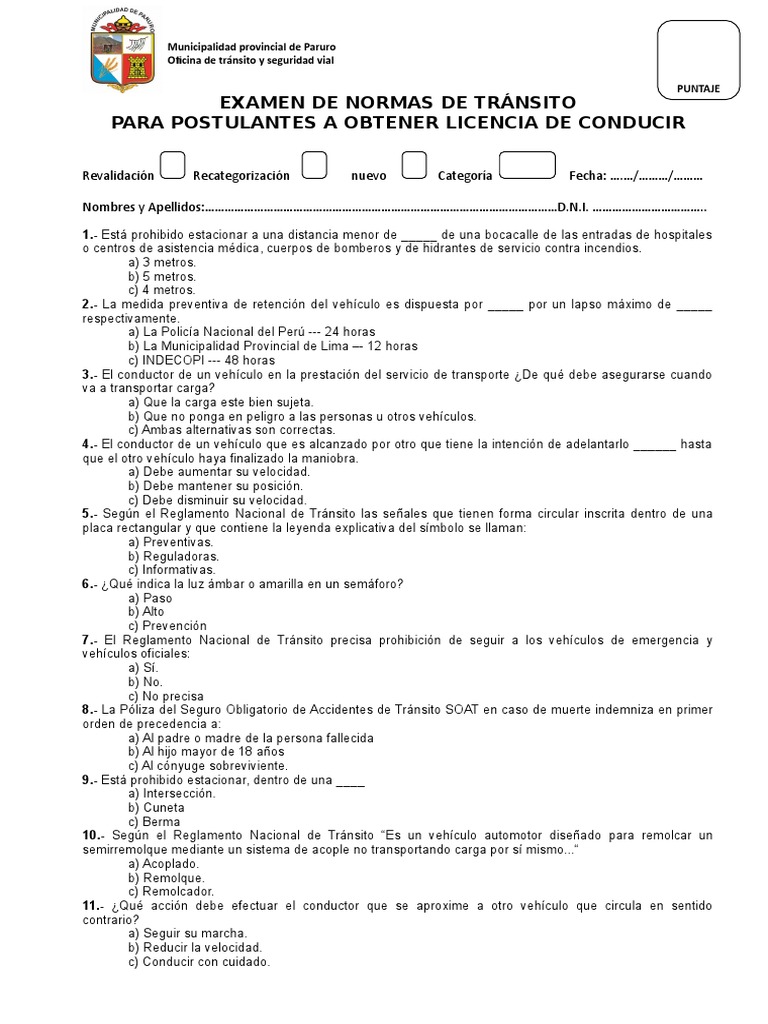 Examen de Normas de Tránsito | PDF | Licencia de conducir | Semáforo