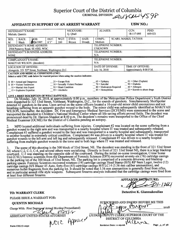 Affidavit in Support of Arrest Warrant - Quintin Michals | PDF