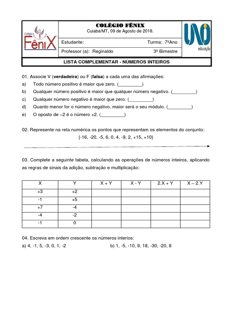 Lista de Exercícios - Numeros Inteiros | PDF