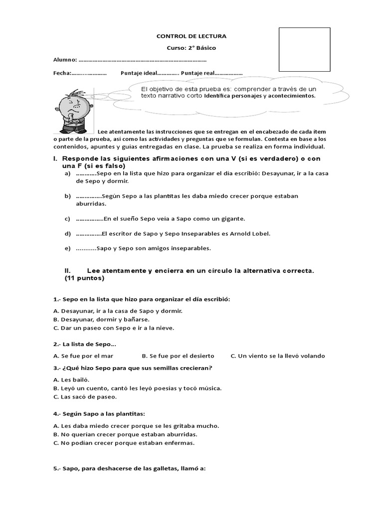 CONTROL de LECTURA Sapo y Sepo Inseparable | PDF | Ocio