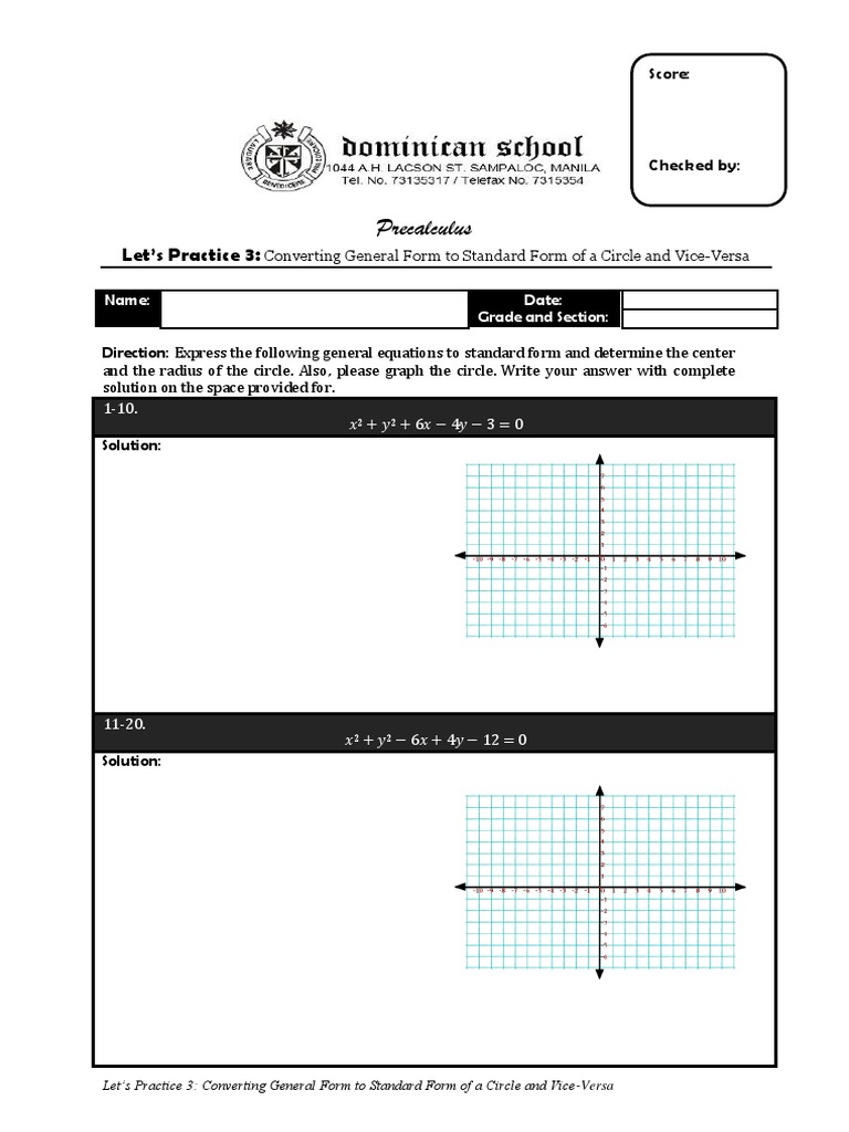 Let S Practice 3-General Form To Standard Form of A Circle | PDF