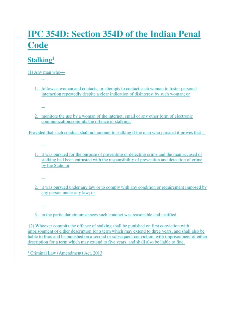 IPC 354D: Section 354D of The Indian Penal Code: Stalking | PDF