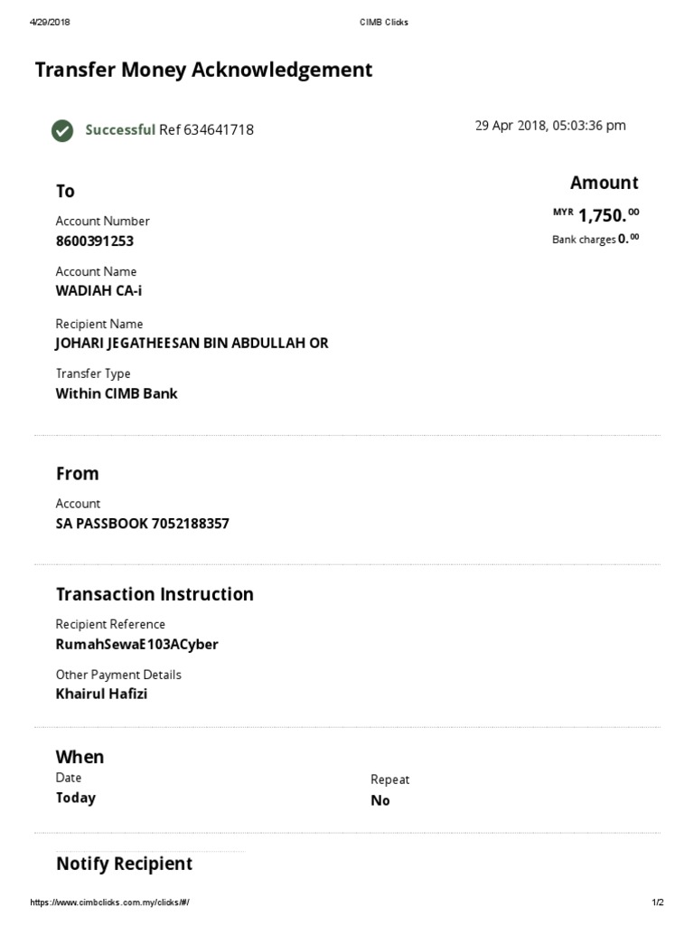 Transfer Money Acknowledgement: To Amount 1,750 | PDF
