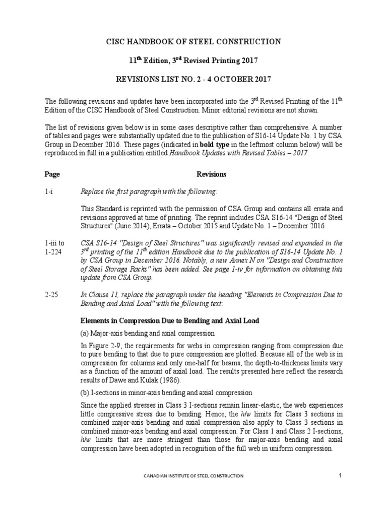 Cisc Handbook Of Steel Construction 11 Edition 3 Revised Printing 2017 Revisions List No 2 4 