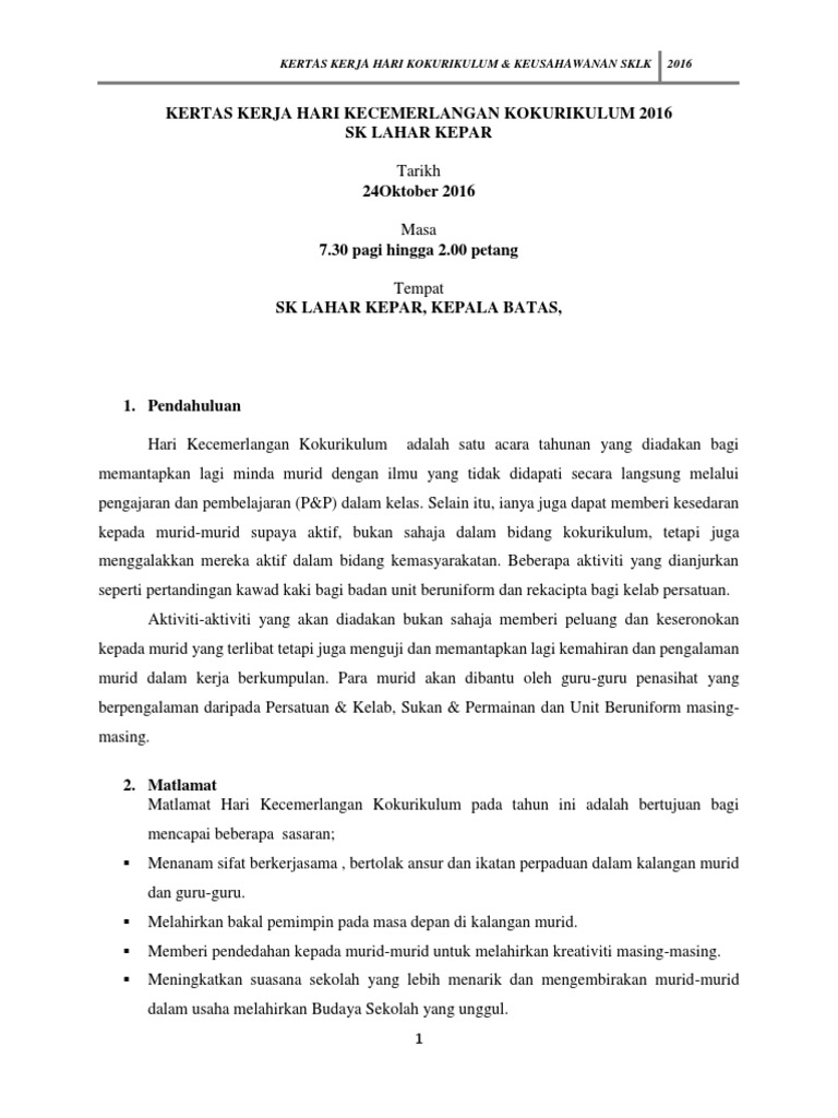 Kertas Kerja Hari Kecemerlangan Kokurikulum 2016 | PDF Kertas Kerja Hari Kecemerlangan Kokurikulum 2016 | PDF