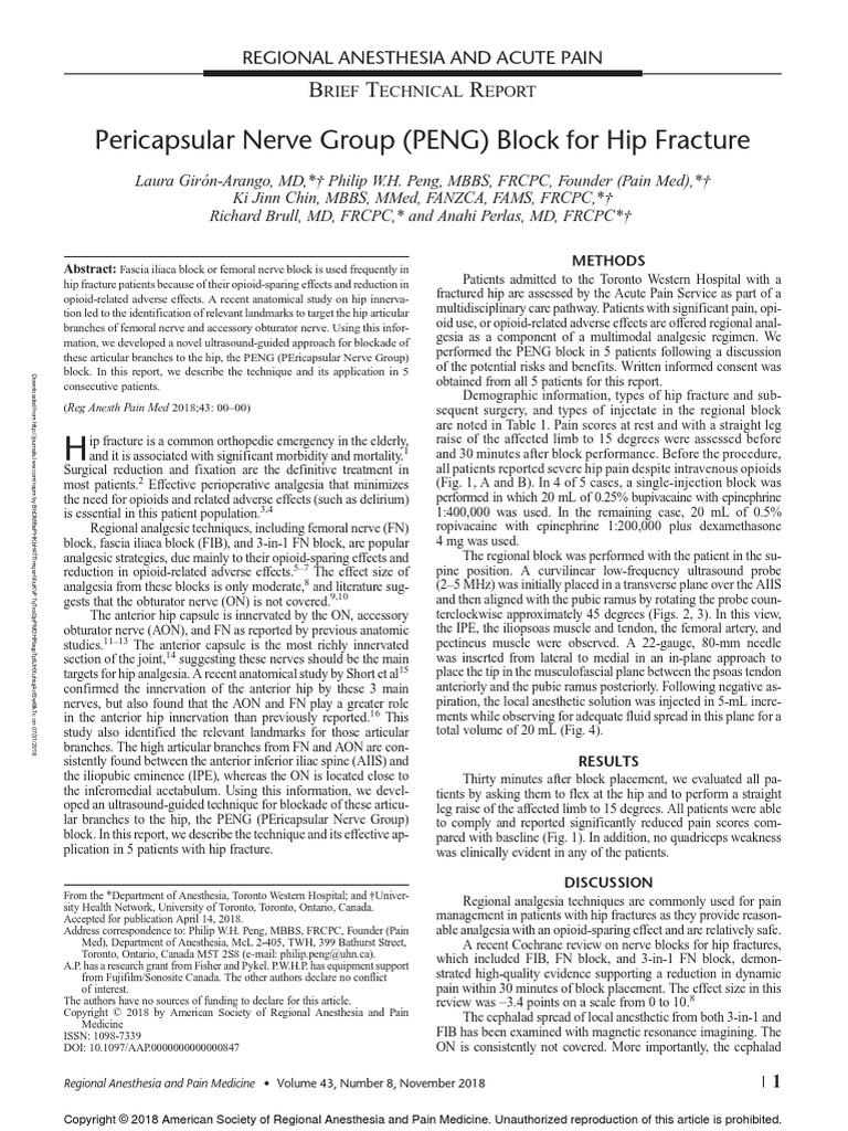 Pericapsular Nerve Group (PENG) Block For Hip Fracture | PDF ...