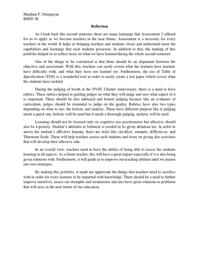 Reflection. On Portfolio | PDF | Rubric (Academic) | Educational Assessment