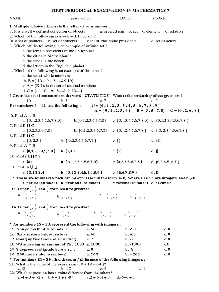 Math 7 Quarter Exam EDITED | PDF | Set (Mathematics) | Integer