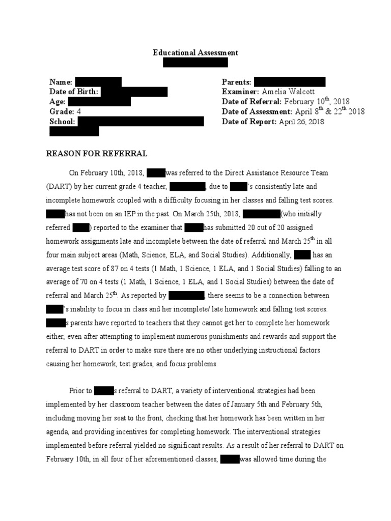 Walcott Amelia - Educational Assessment | PDF | Reading Comprehension ...