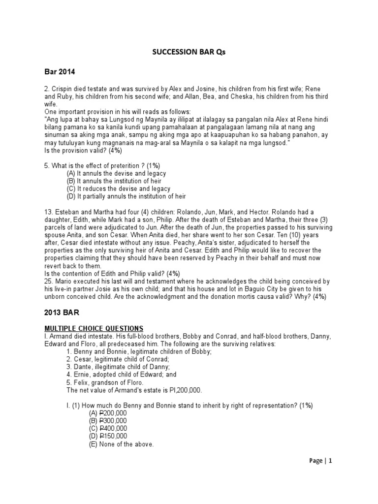 Succession Bar QS: Multiple Choice Questions | PDF | Will And Testament ...