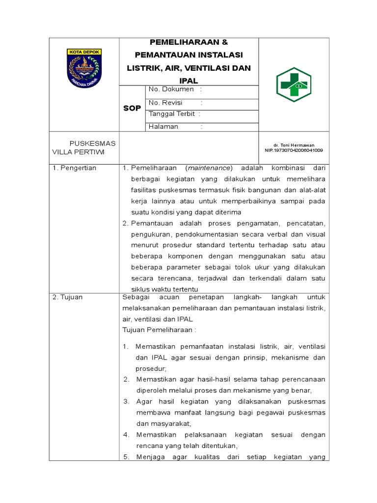 8.5.1.2 SOP Pemeliharanaan & Pemantauan Instalasi Listrik, Air, Ventilasi, Gas & IPAL | PDF