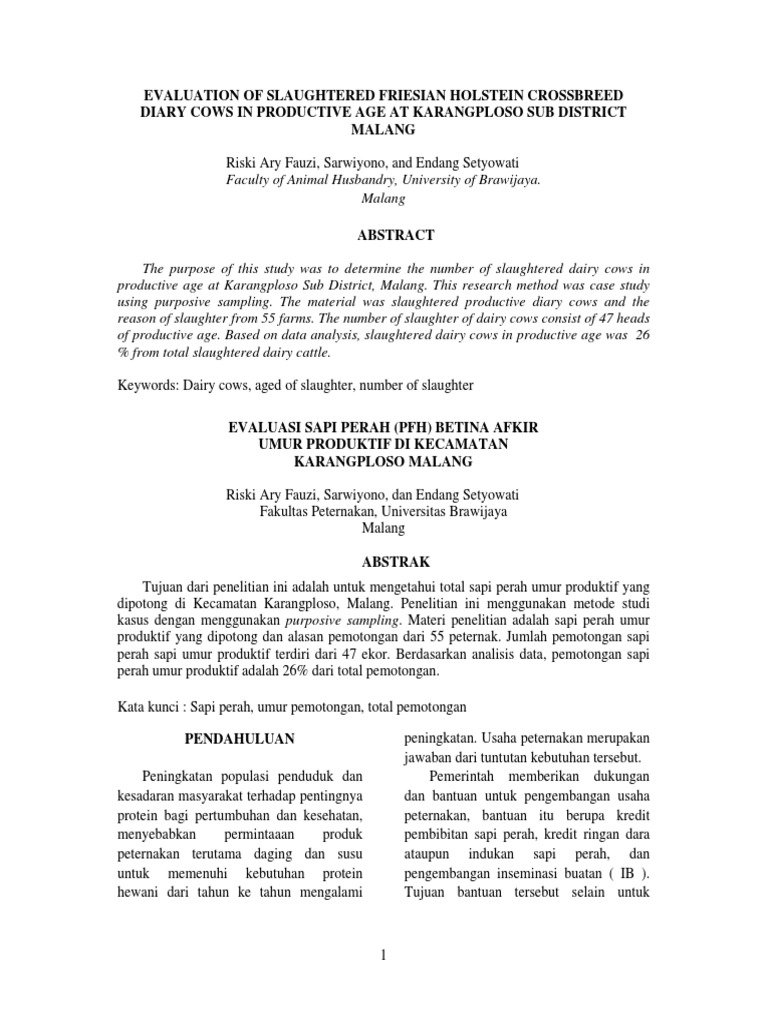 Evaluasi Sapi Perah PFH Betina Afkir Umur Produktif Di Kecamatan ...