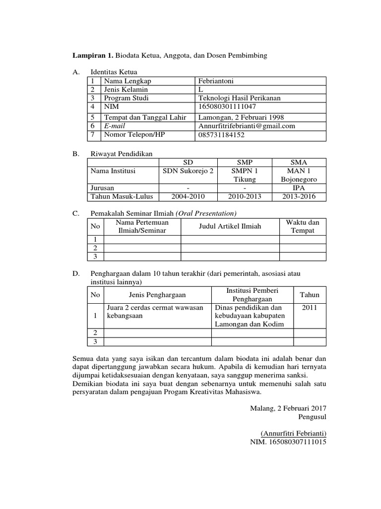 Format Lampiran Biodata PKM GT | PDF