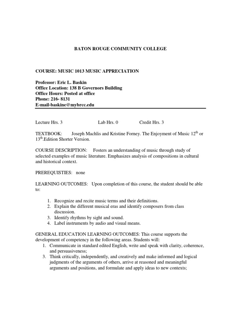Music Appreciation Course Syllabus | PDF | Composers | Test (Assessment)