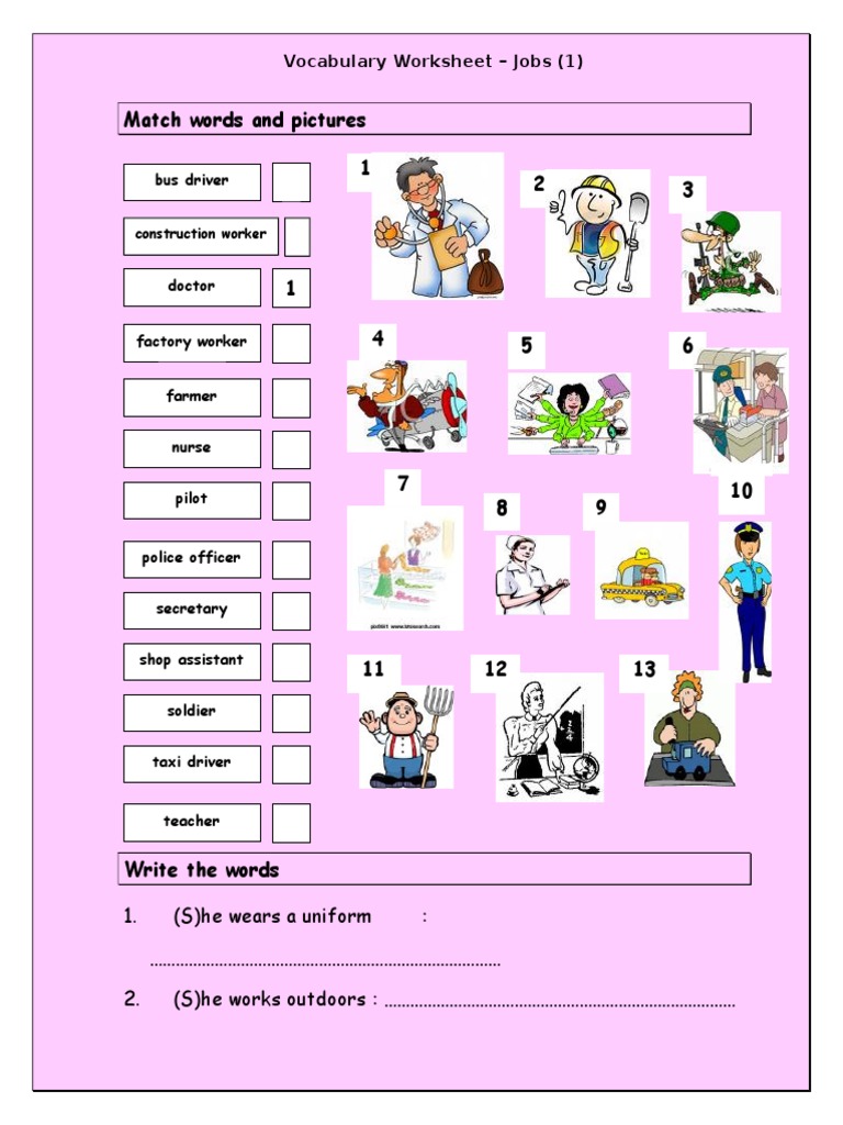 Vocabulary Matching Worksheet Jobs 1 Fun Activities Games - 3741 | PDF