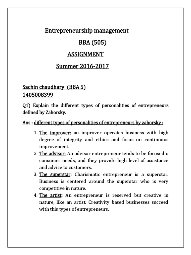 Entrepreneurship Management BBA (505) Assignment Summer 2016-2017 | PDF ...