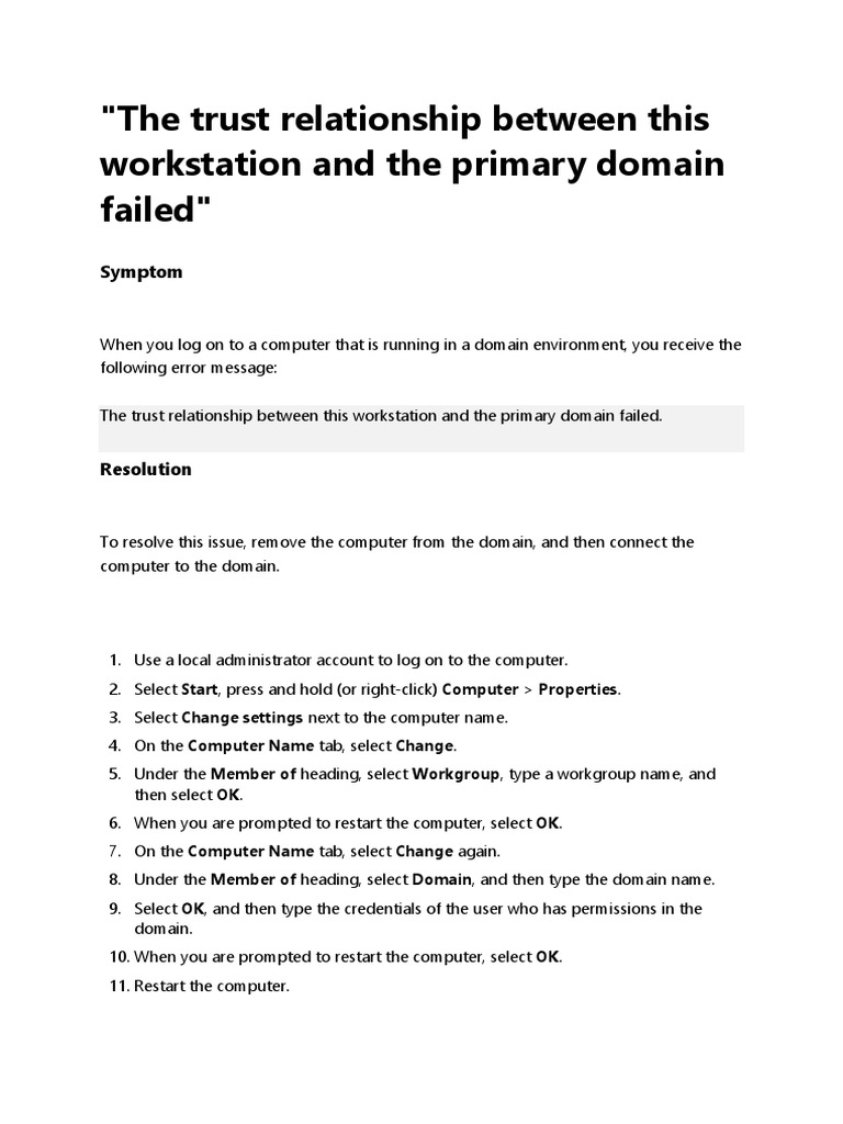 The Trust Relationship Between This Workstation and The Primary Domain ...