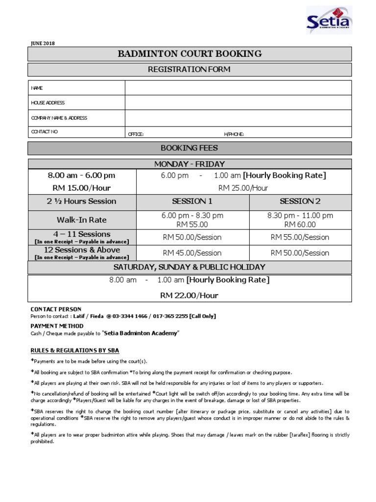 Badminton Court Booking: Registration Form | Download Free PDF | Cheque ...