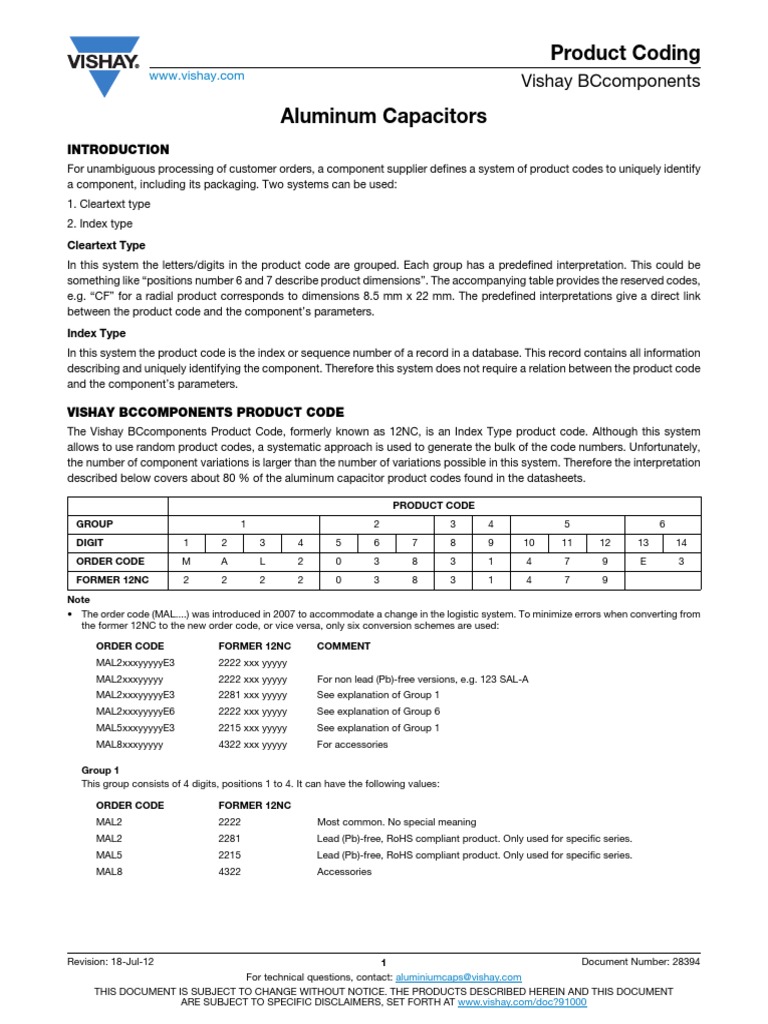 Product Coding: Vishay Bccomponents | PDF | Database Index | Electrical ...