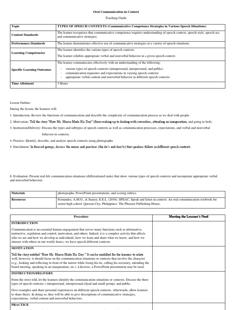 Teaching Guide Oral Communication Sample | PDF | Nonverbal ...