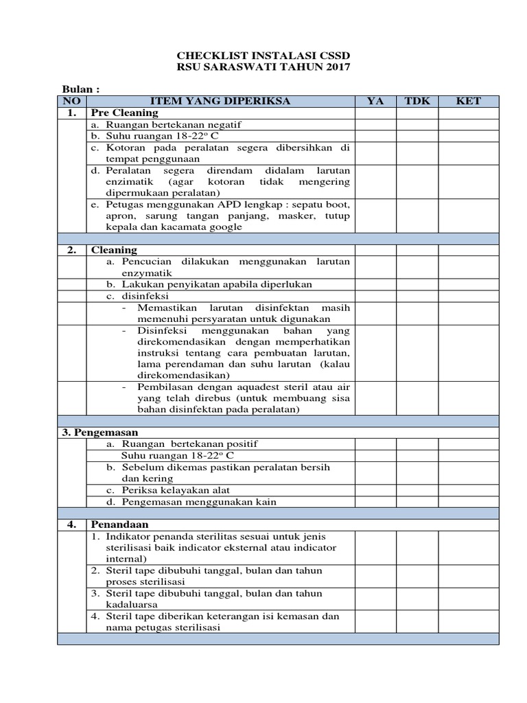 Checklist Instalasi CSSD Revisi | PDF