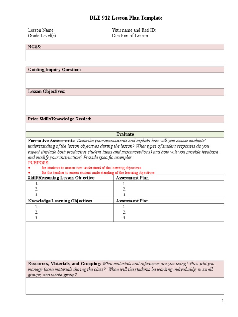 DLE 912 Lesson Plan Template: Lesson Name: Your Name and Red ID: Grade ...