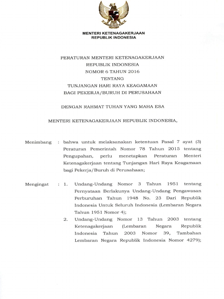 Permenaker No 06 Tahun 2016 THR PDF | PDF