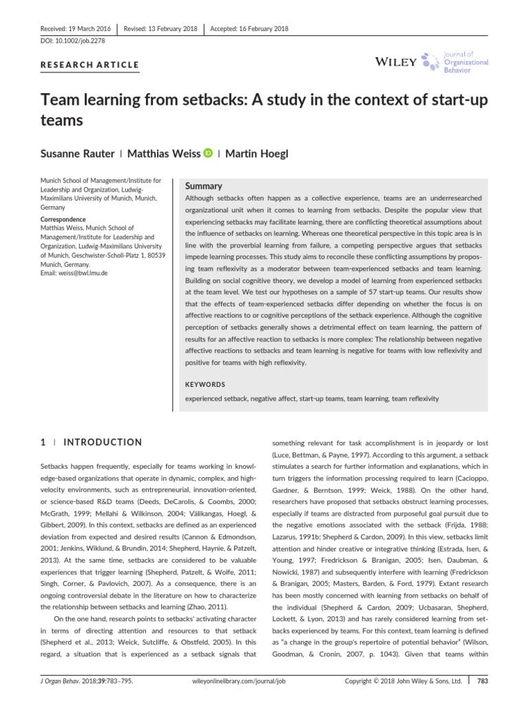 Team Learning From Setbacks A Study in The Context of Start Upteams ...