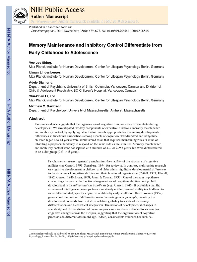 Developmental Differentiation of Memory Maintenance and Inhibitory Control from Early Childhood ...