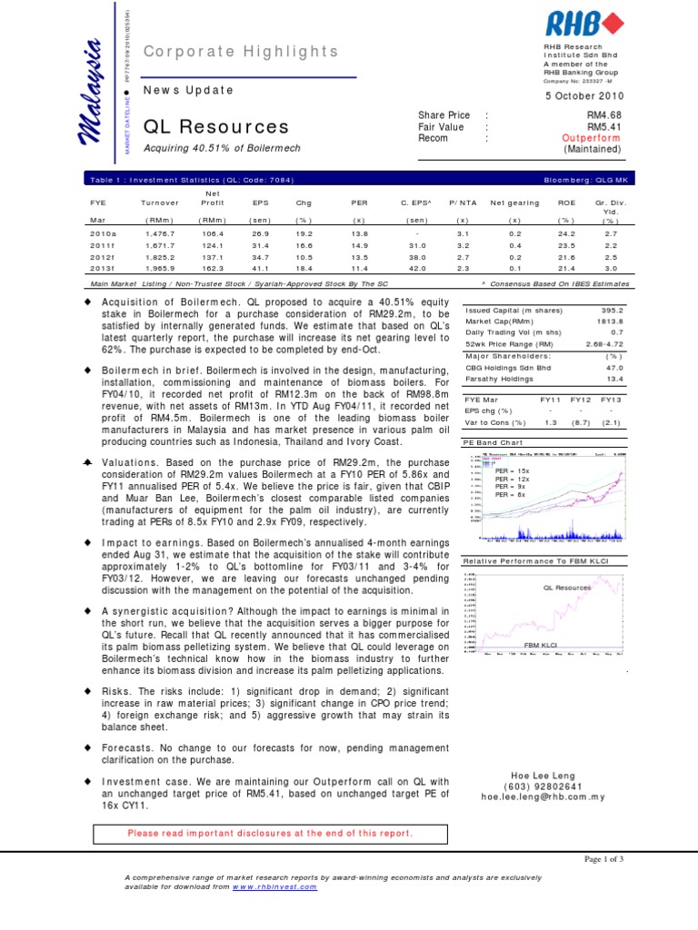 QL Resources Berhad: Acquiring 40.51% of Boilermech - 05/10/2010 | PDF ...