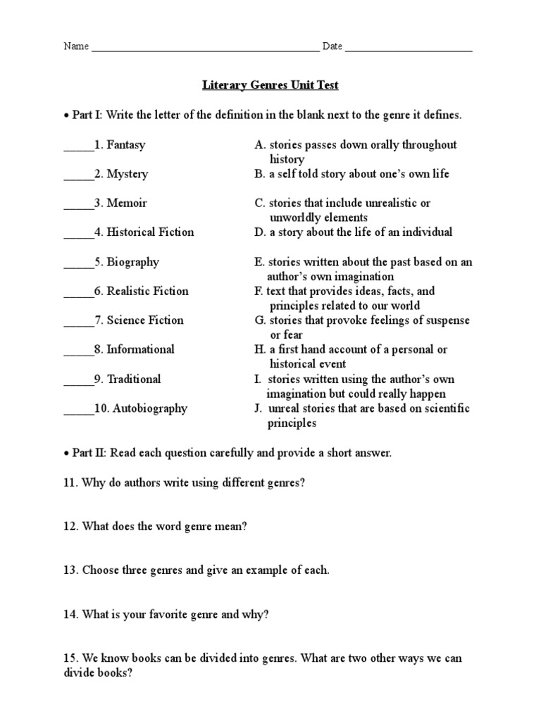 Literary Genres Unit Test | PDF
