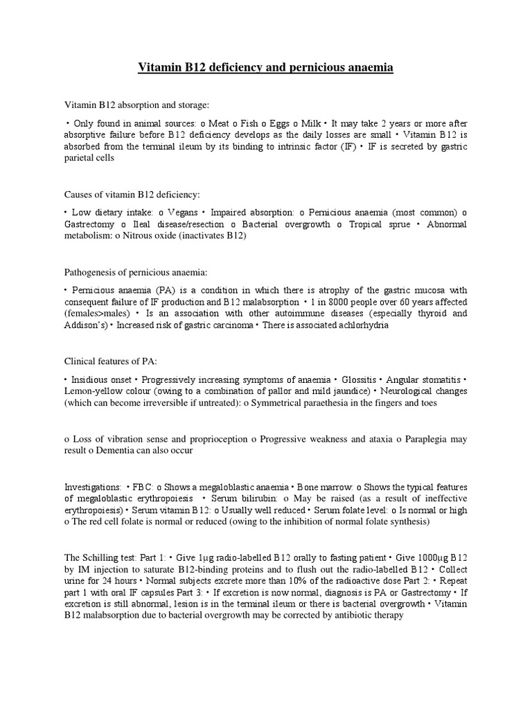 Vitamin B12 Deficiency and Pernicious Anaemia | PDF | Vitamin B12 | Anemia