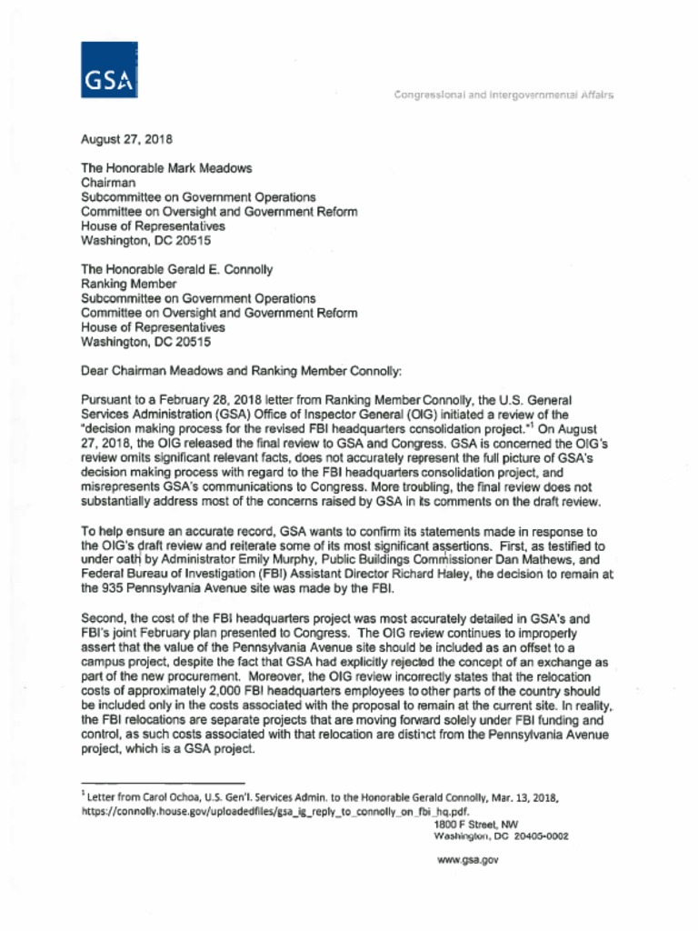 8.27.18 GSA Letter Re GSA OIG FBI HQ Consolidation Review