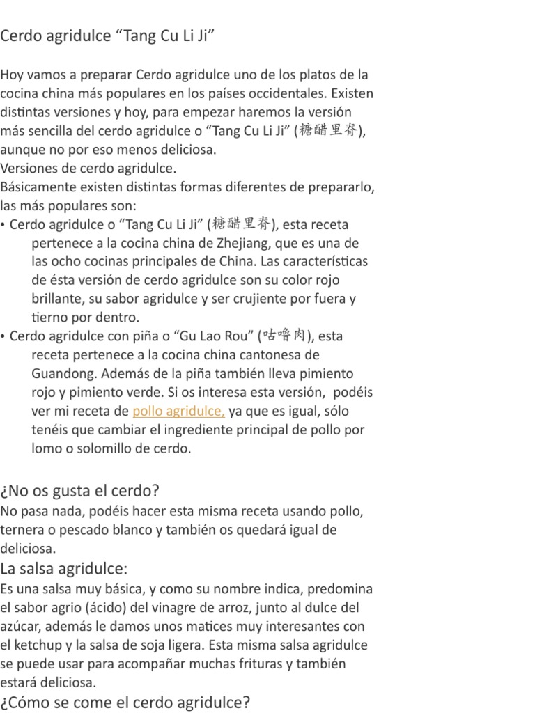 Cerdo Agridulce "Tang Cu Li Ji" | PDF | Salsa | Cocina occidental