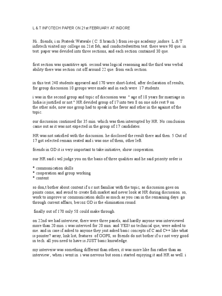 L & T Infotech Paper On 21St February at Indore | PDF | Psychological ...