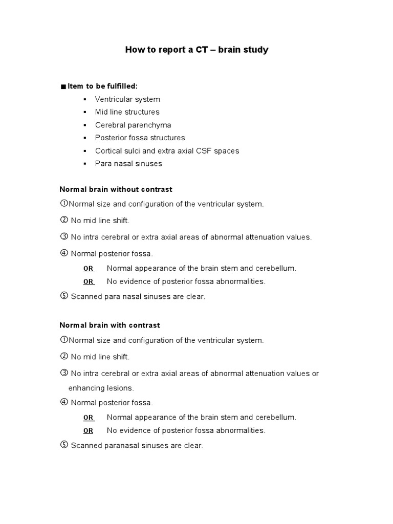 CT Brain Report Guidelines | PDF | Cerebrospinal Fluid | Ventricle (Heart)