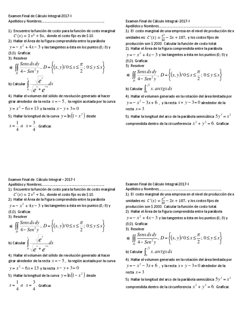 Examen Final de Cálculo Integral 2017 | PDF | Curva | Geometría algebraica