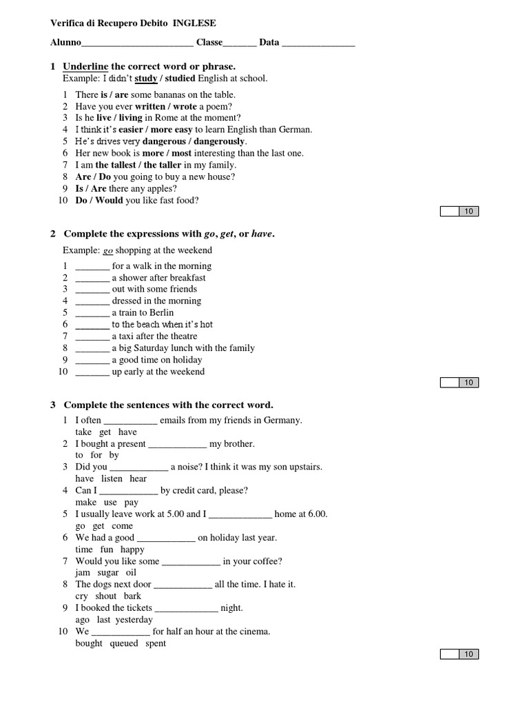 Verifica Di Recupero Debito INGLESE 1°liceo | PDF