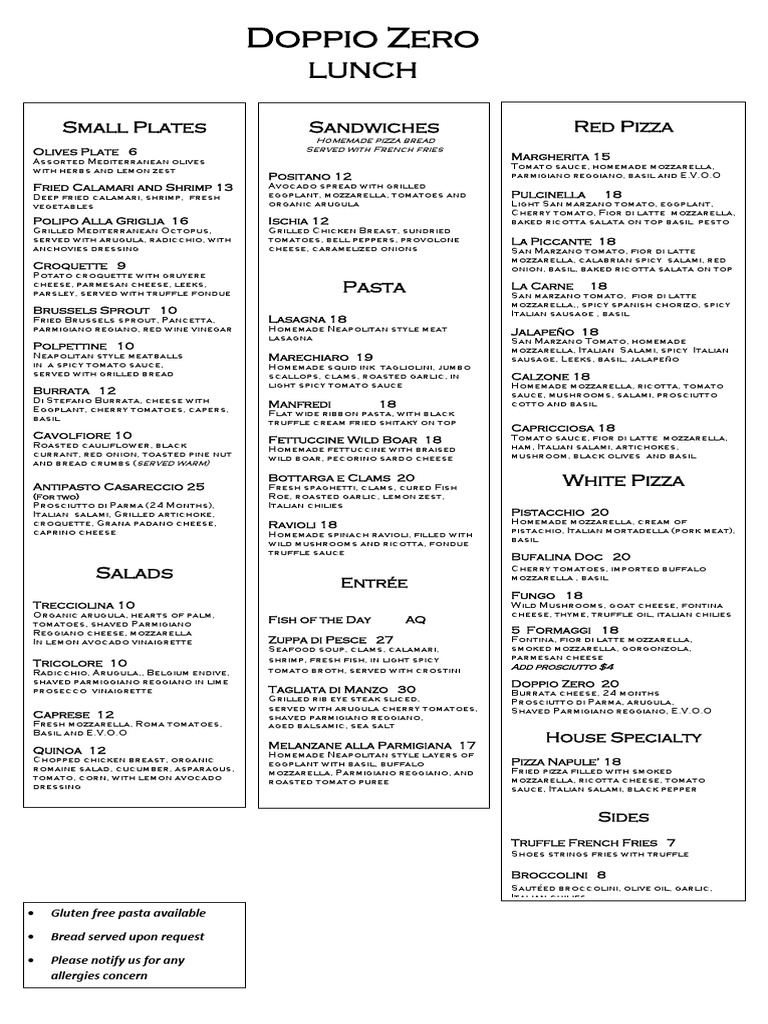 Doppio Zero SF Lunch Menu | Mozzarella | Pizza